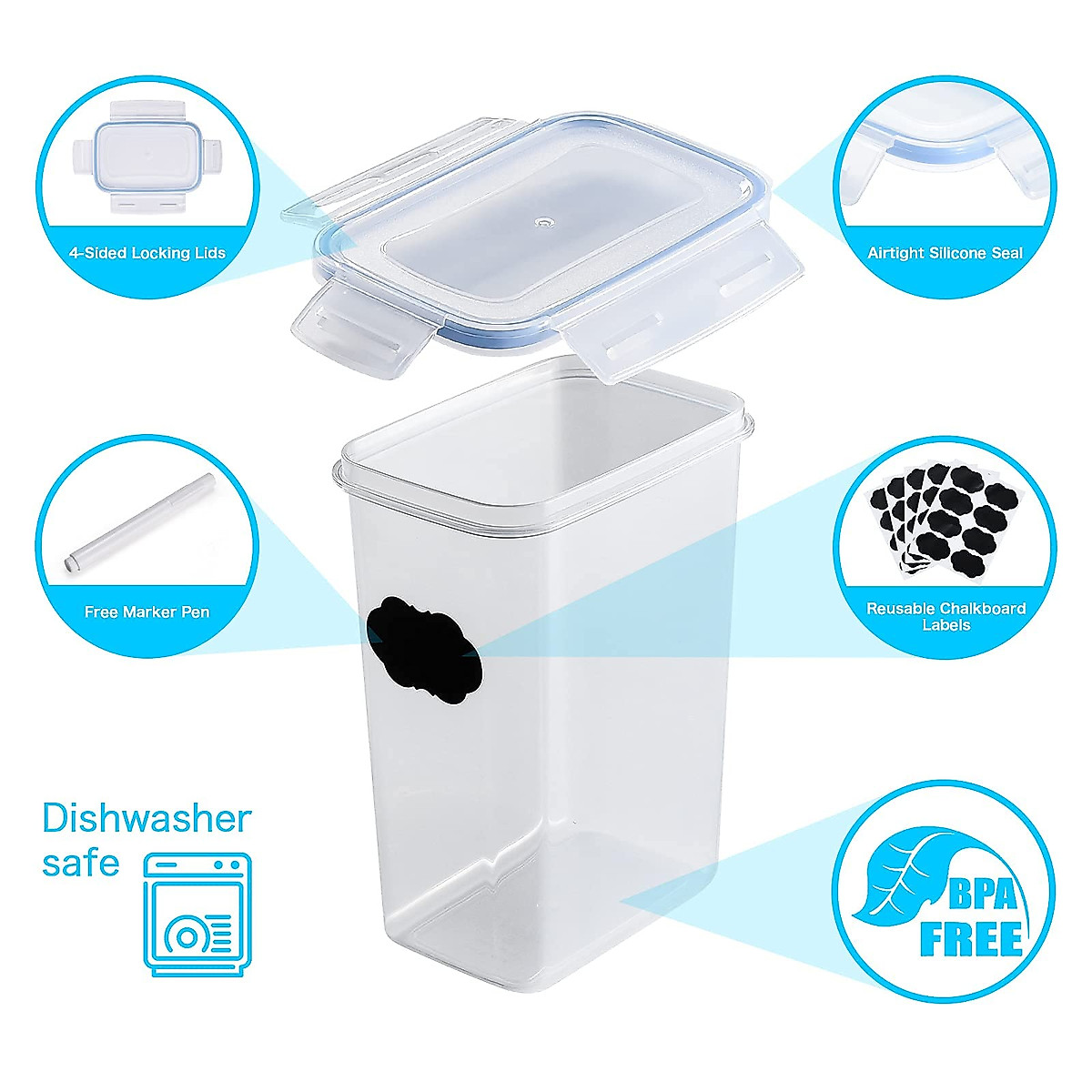 Eocooyar Airtight Food Storage Containers Set-16 PCS-Plastic BPA Free Kitchen Pantry Organization Storage Containers with Lids for Cereal, Flour and Sugar, Include Labels and Marker, Blue