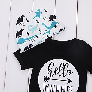 Hello Im New Here Infant Baby Boy Dinosaur Outfit Romper Pant Hat Clothes Set (0-3 Months, Black+White)