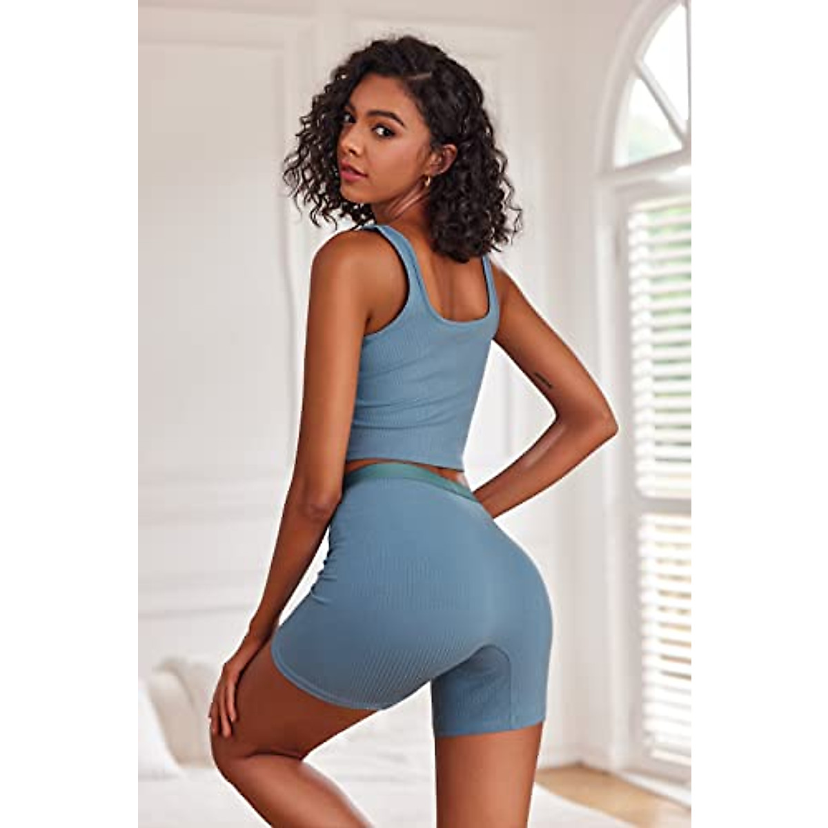 Ekouaer Sweatsuits for Women Knit Loungewear Set Tank and High Waist Shorts Pj Set Summer Casual Sleepwear Blue,Small