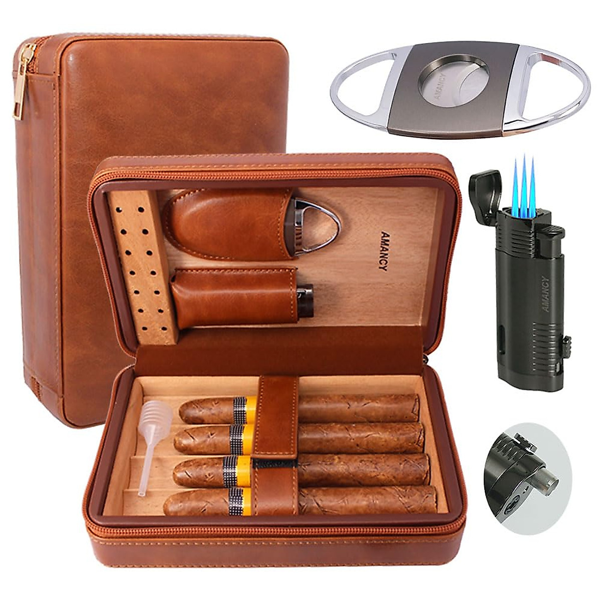 AMANCY Elegant Handmade Brown Leather Cedar Wood Lined 4 Cigar Humidor Case with 3 Triple Jet Flame Cigar Lighter and Cutter，Suitable for Holding Big and Fat Cigars