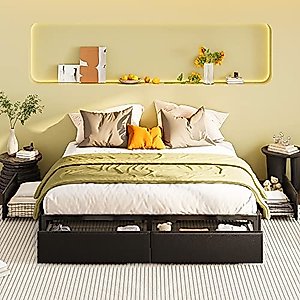 ANCTOR King Bed Frame with 4 Drawers, Faux Leather Upholstered Platform Bed, Bed with Storage No Box Spring Needed,Metal Slats Support, Easy Assembly