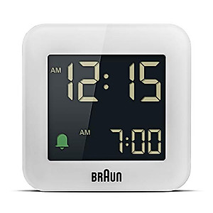 Braun Digital Travel Alarm Clock with Snooze, Compact Size, Negative LCD Display, Quick Set,Crescendo Beep Alarm in White, Model BC08W.