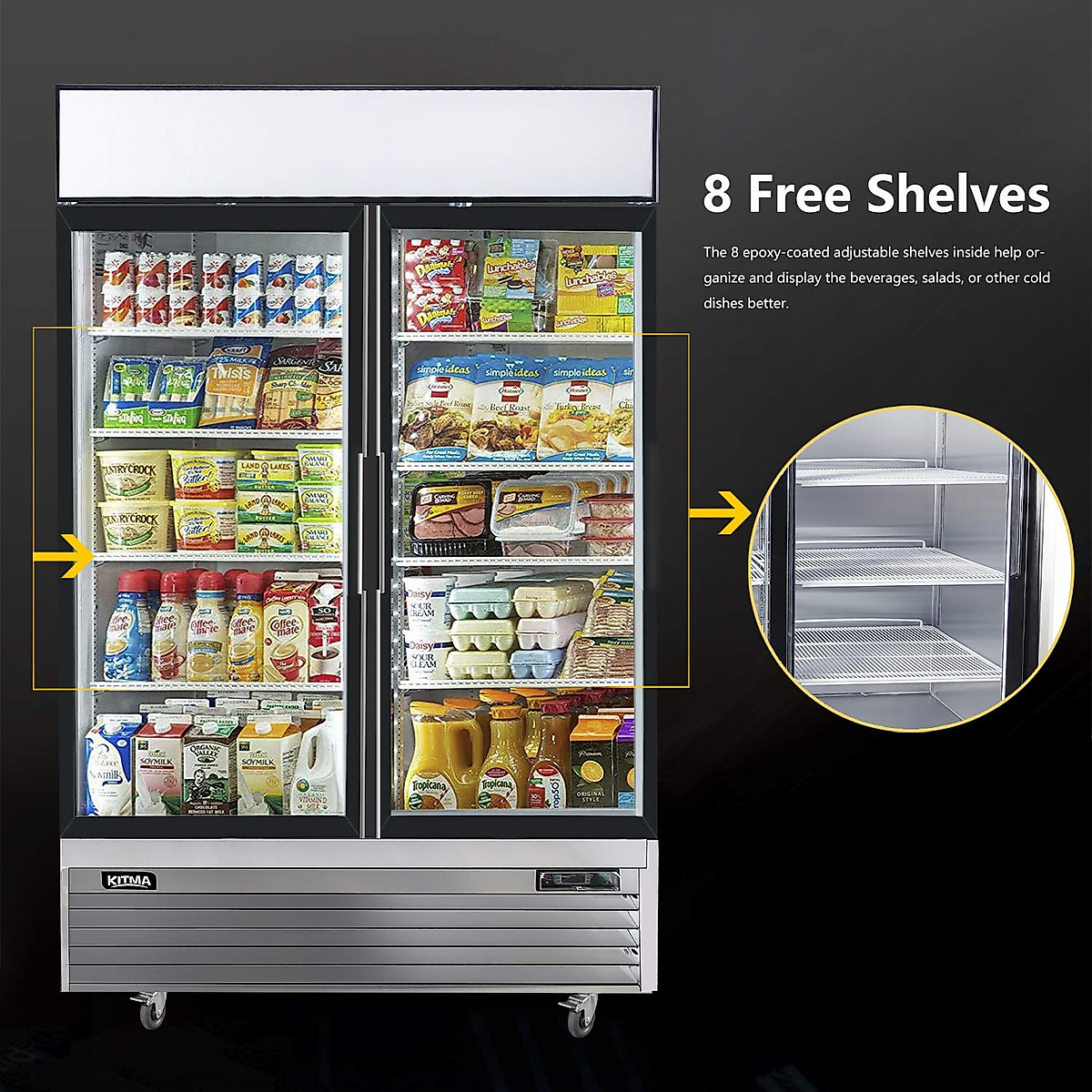 KITMA Two Section Glass Sliding Door Reach-In Refrigerator - Commercial Beverage Refrigerators, Upright Merchandiser Refrigerator, Beverage Cooler with LED Lighting - 48 Cu. Ft