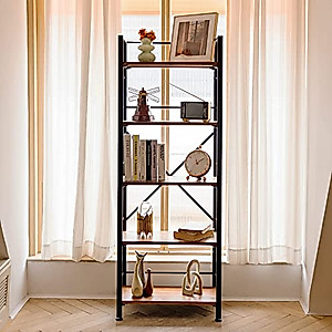 Crofy Rustic Bookshelf, 5 Tier Real Wood Bookshelf, Metal Book Shelf for Storage, Black Bookcase, 12.6" D x 23.62" W x 64.17" H