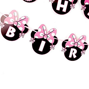 CHuangQi Minnie Themed Party Banner, Happy Birthday Banner, Birthday Party Supplies & Decoration