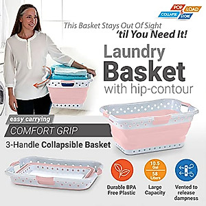 Pop & Load Collapse & Store 1 Large 25" Slim Collapsible Plastic Laundry Basket, Space Saving Portable Pop Up Storage & Organization Basket, 3" High When Folded, 3 Comfort Grip Handles, Blush Pink