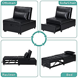 Sleeper Chair Bed, Convertible Chair Bed 4 in 1 Multi-Function Folding Ottoman Sofa Bed with Adjustable Backrest, Modern Single Bed Chair for Living Room/Small Space/Apartment, Black Faux Leather