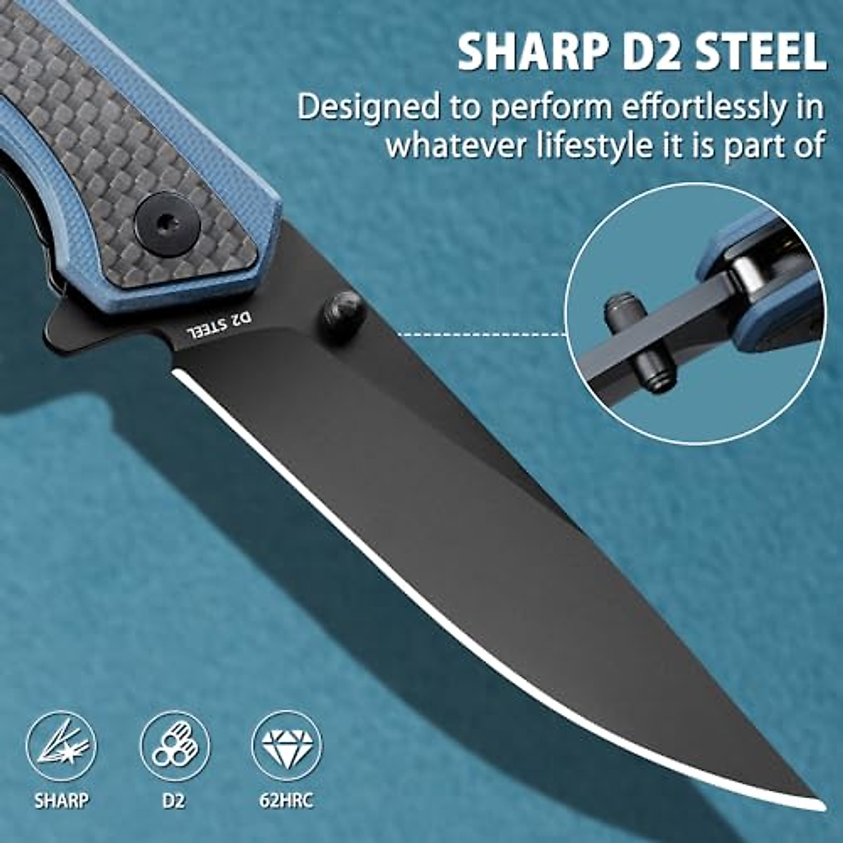 NedFoss DOLPHIN Pocket Knife for Men, D2 Steel Black PVD Blade Folding Knife with Carbon-Fiber Insert G10 Handle, Brass Ball Bearing Pivot Opening, Pocket Clip for EDC