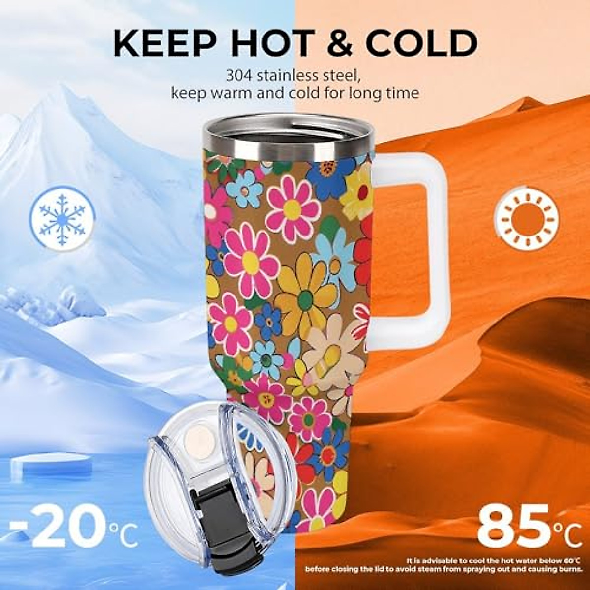 ADASGHBY Large Capacity Car Cup with Straw Lid Bright Flower Style Leakproof Insulated Stainless Steel Tumbler Fits in Car Cup Holder