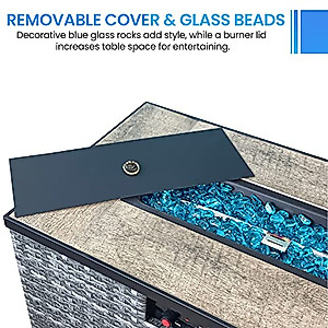 Modenzi Fire Pit Propane Gas Outdoor Rectangular Table Ceramic Tile Tabletop Handwoven PE Wicker with Auto Ignition, Lid, Weather Cover and Glass Beads (Grey)