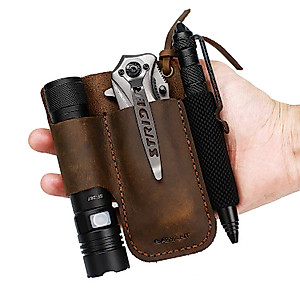 EASYANT Men Leather EDC Organizer Sheath Handmade Tactical Tool Pouch Holster with Belt Clip Brown