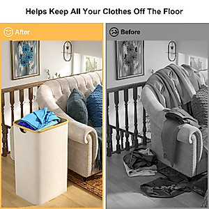 Homykic Laundry Hamper with Lid, 100L Tall Laundry Basket Collapsible with Bamboo Handles, Large Waterproof Laundry Bin Storage for Dorm, Bathroom, Bedroom, Clothing, Clothes, Toys, Cream White