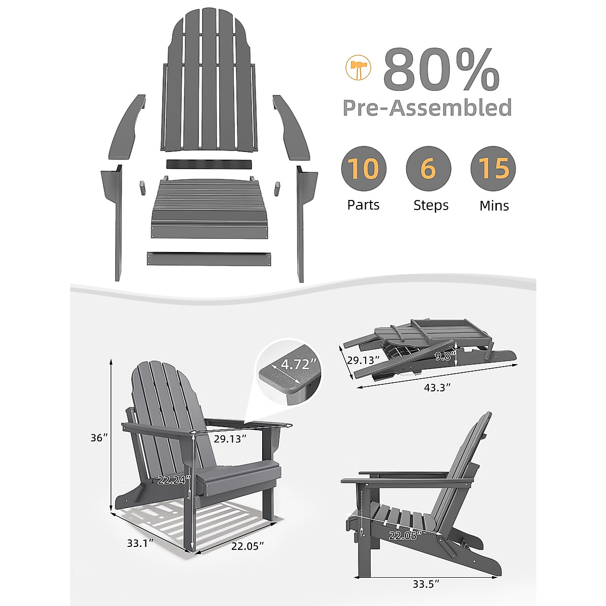 Folding Adirondack Chair - Durable HDPE Poly Lumber All-Weather Resistant, Foldable Oversized Balcony Porch Patio Outdoor Chair for Lawn, Backyard, Deck, Garden, Camping - Easy Installation, Gray