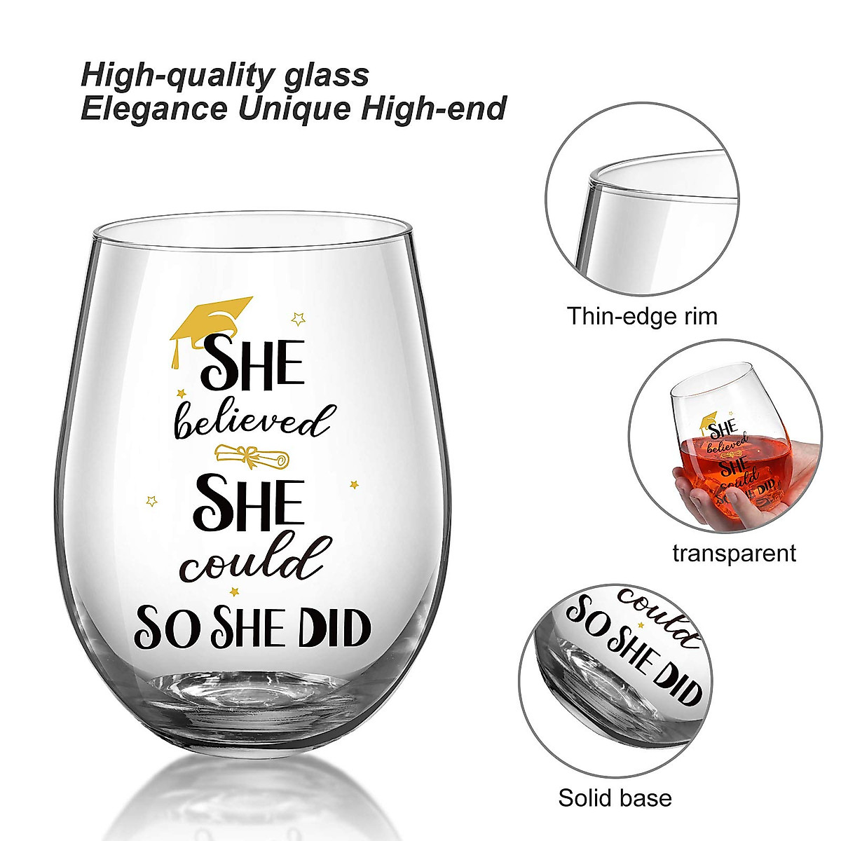 She Believed She Could So She Did Stemless Wine Glass, Congratulation Wine Glass for Girl Women Friend Sister for Graduation University Nursing Grad Celebration High School College Party Decor, 17 oz
