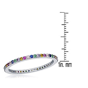 Beaux Bijoux CZ Simulated Rainbow Diamond Eternity Ring for Women | Sterling Silver Band Ring | Cubic Zirconia Created Gemstone Ring | Fine Thin Stacking Ring