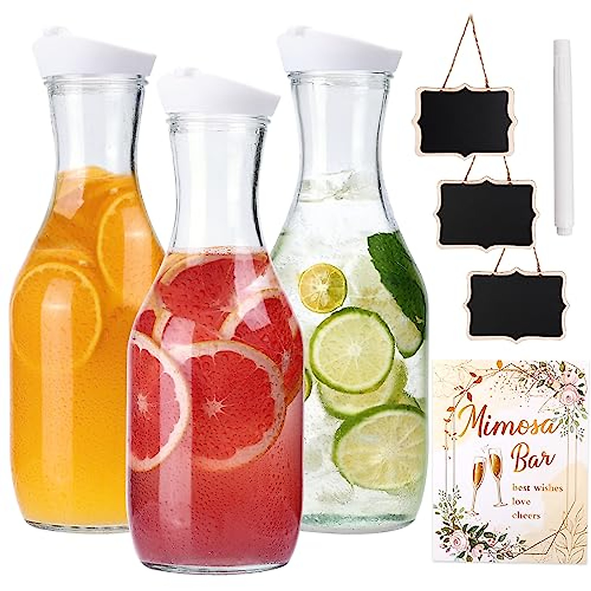 CUCUMI 3pcs 50oz Glass Carafe with Lids, 1.5 Liter Glass Water Pitcher Juice Containers Beverage Jugs for Mimosa Bar, Brunch, Cold Beverage