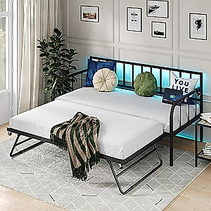 CollaredEagle Daybed with Trundle, Adjustable Sofa Bed Frame with Charging Station, Metal Twin Daybed with LED Lights for Living Room, Bedroom and Guest Room, Black
