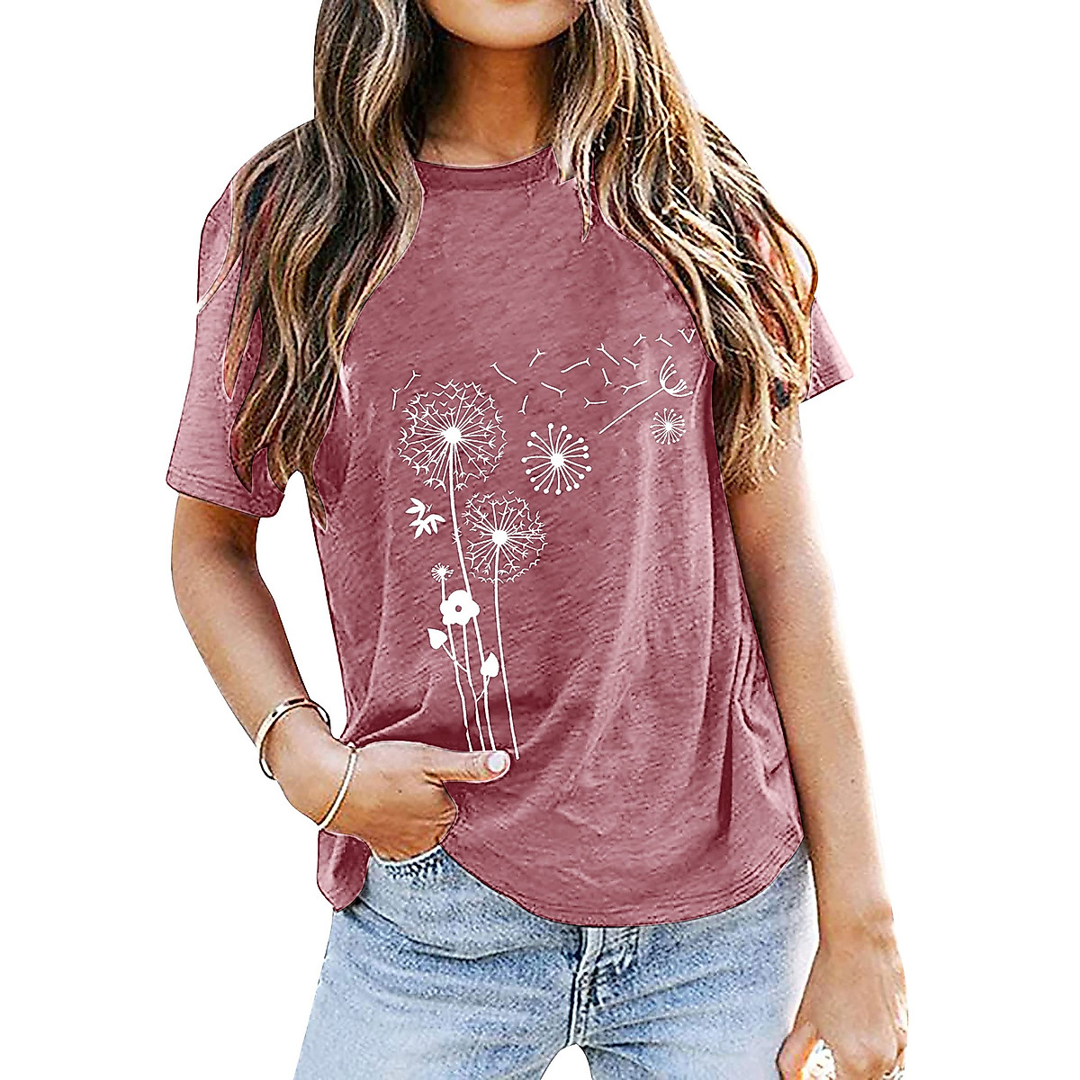 Dandelion Shirt Women Faith Graphic Shirts Make A Wish Vintage Tee Wildflower Short Sleeve Tops（Pink, X- Large