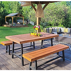 PHI VILLA Outdoor Wood Table Bench Set for 3, 1 Wood Dining Table & 1 Wooden Bench, Acacia Wood Patio Furniture Set for Porch Yard Deck, Teak Color