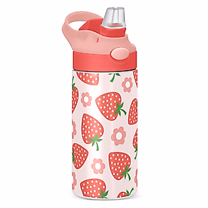 Children Insulated Water Bottles with Straw for School Kids Strawberry Cute Pink Stainless Steel Vacuum Double Wall Keeps Hot and Cold with Handles