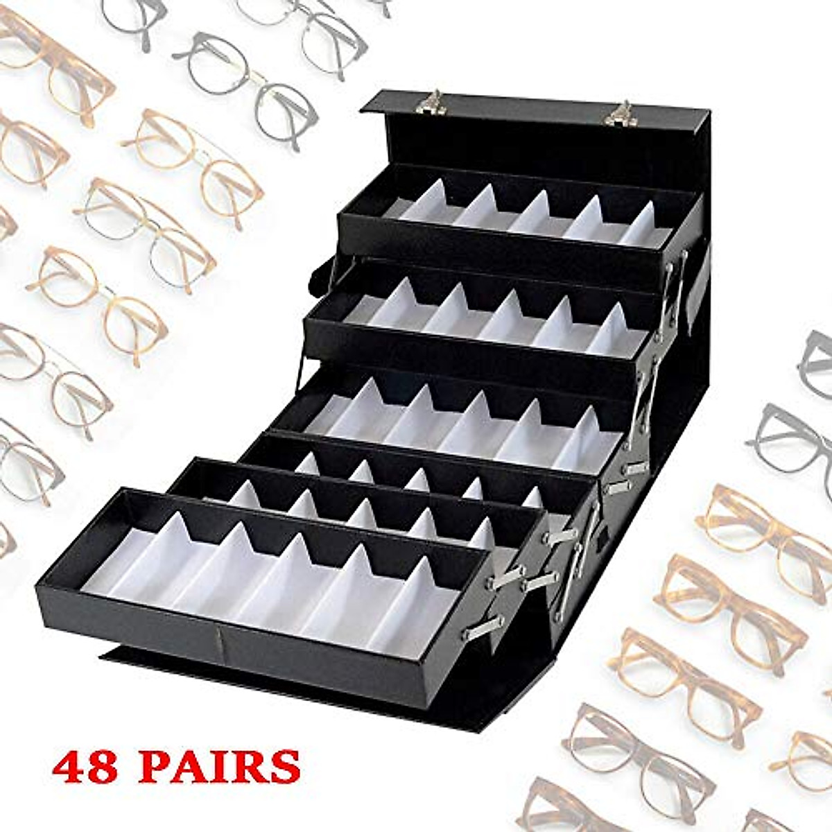 TFCFL Sunglasses Organizer, Sunglasses Slot Display Case,Sunglasses Jewelry Collection Storage Holder Box with Clear Glass Lid PU (48 Slots)