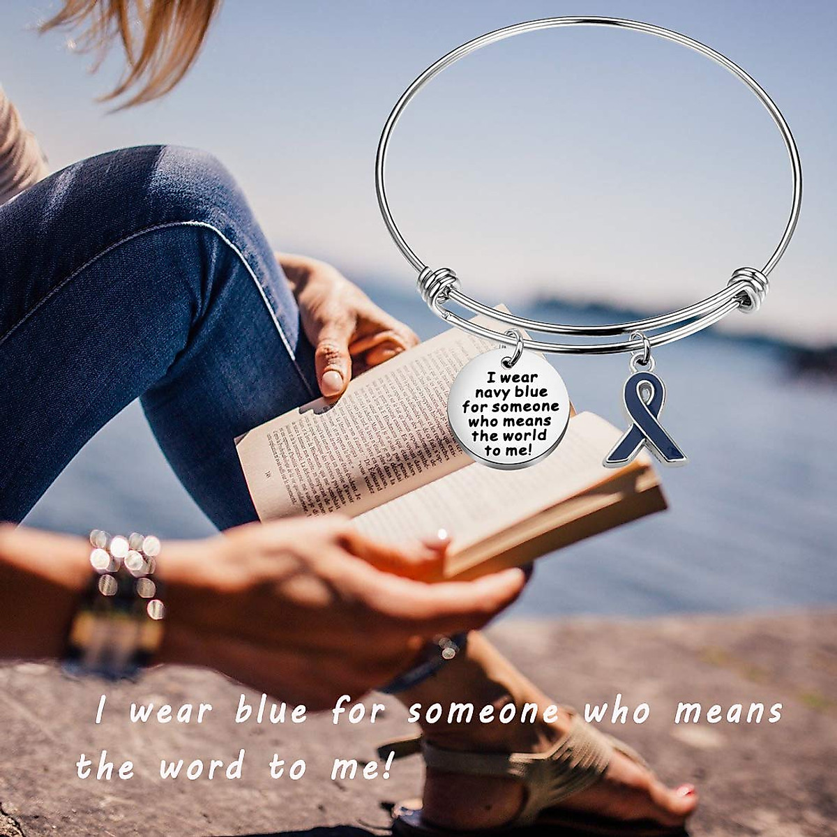 POTIY Blue Ribbon Awareness Charm Colon Cancer Fighter Bracelet Dark Blue Awareness Ribbon Gift Inspirational Bracelet for Cancer Survivor (Blue Bracelet)