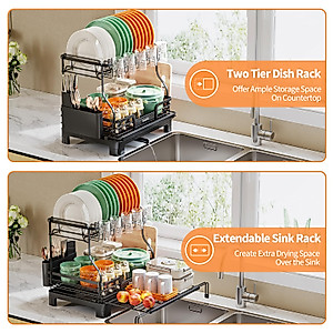 Urackify Extendable Dish Drying Rack, 2-Tier Dish Rack for Kitchen Counter, Large Expandable Dish Drainer Over Sink, 3 in 1 Multifunction Dish Strainer with Drainboard & Cups Holder, Black