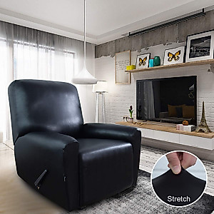 Easy-Going PU Leather Recliner slipcovers, Waterproof Stretch Sofa Covers, 4 Pieces Stretch Furniture Protector, Anti-Slip Elastic Strap Shield Pets Kids Children Cats Dogs (Recliner, Black)