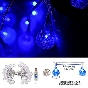 YZIXNUY Solar String Lights Outdoor Waterproof, 30.2FT 60 LED Crystal Globe Fairy Lights Solar Powered& USB Plug-in Powered with 8 Lighting Modes for Indoor Outdoor Party Home Backyard Wedding (Blue)