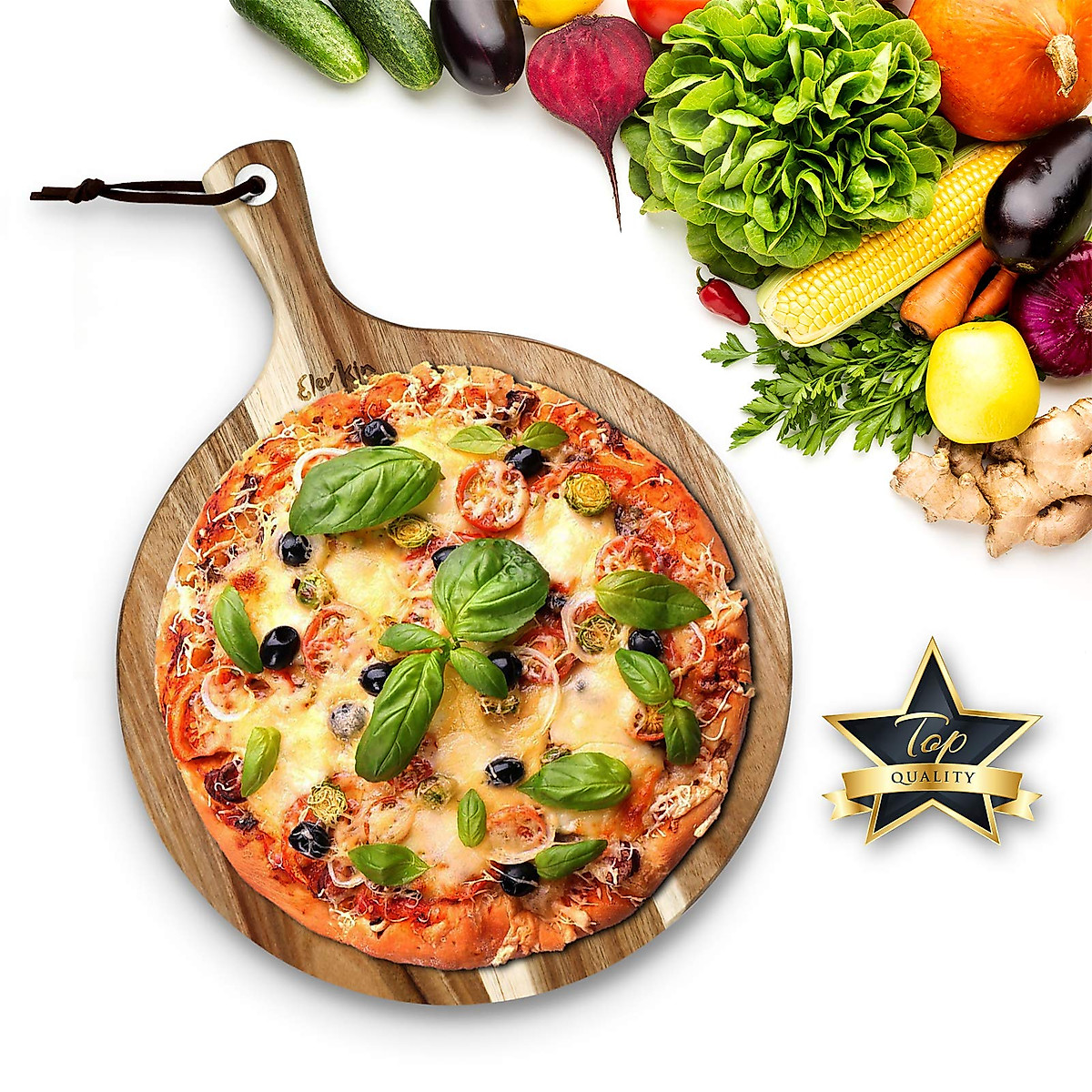 Elevkin Round Cutting Board, Acacia wood cutting board for kitchen, Charcuterie Boards and Cheese Serving Platter for Meat, Bread and Crackers, Deviled Egg Plates & Pizza Peel for Party, 12 x 16 inch