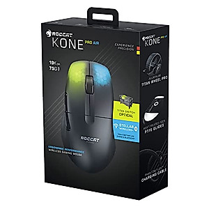 ROCCAT Kone Pro Air Gaming PC Wireless Mouse, Bluetooth Ergonomic Performance Computer Mouse with 19K DPI Optical Sensor, AIMO RGB Lighting & Aluminum Scroll Wheel, 100+ Hour Battery Life, Black
