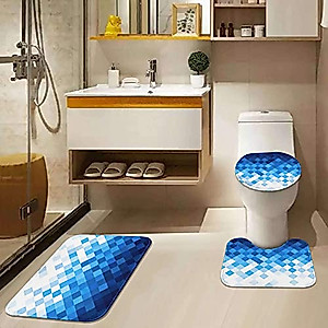 Geometric Blue Grid Triangle Abstract Bathroom Sets with Shower Curtain and Rugs and Accessories, Contemporary Blue Shower Curtain Sets, Blue Shower Curtains for Bathroom,Blue Bathroom Decor 4 Pcs