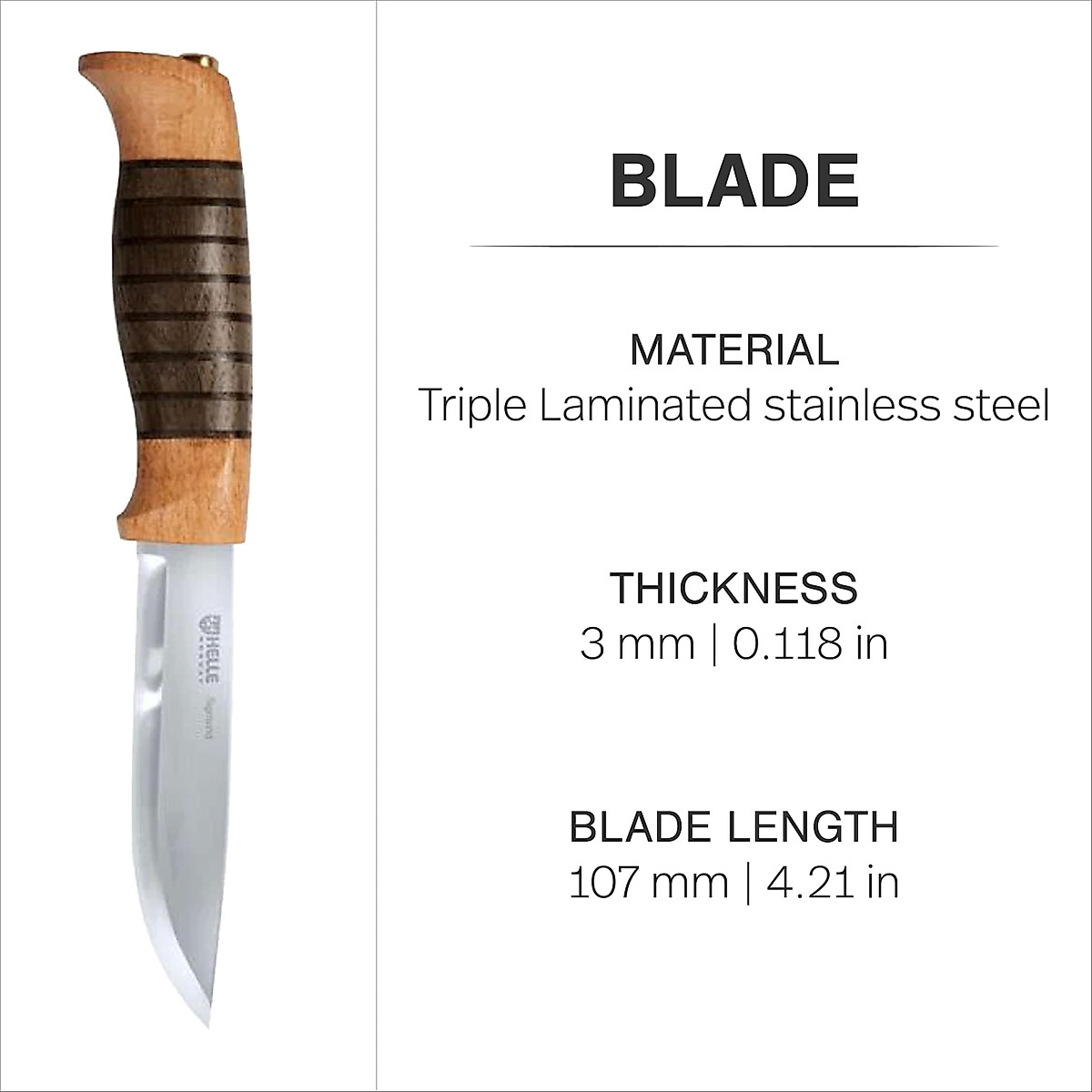 Helle Knives - Sigmund - Triple Laminated Stainless Steel Fixed Blade - Beech, Darkened Oak, & Leather Handle - Leather Sheath - Field Knife for Camping, Fishing, Hunting, Men & Women - Made in Norway