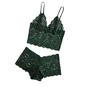 Lilosy Sexy Women Floral Lace Pajamas Lingerie Set High Waist Sheer Sleepwear See Through Nightwear Cami Shorts Bra and Panty 2 Piece Army Green Large