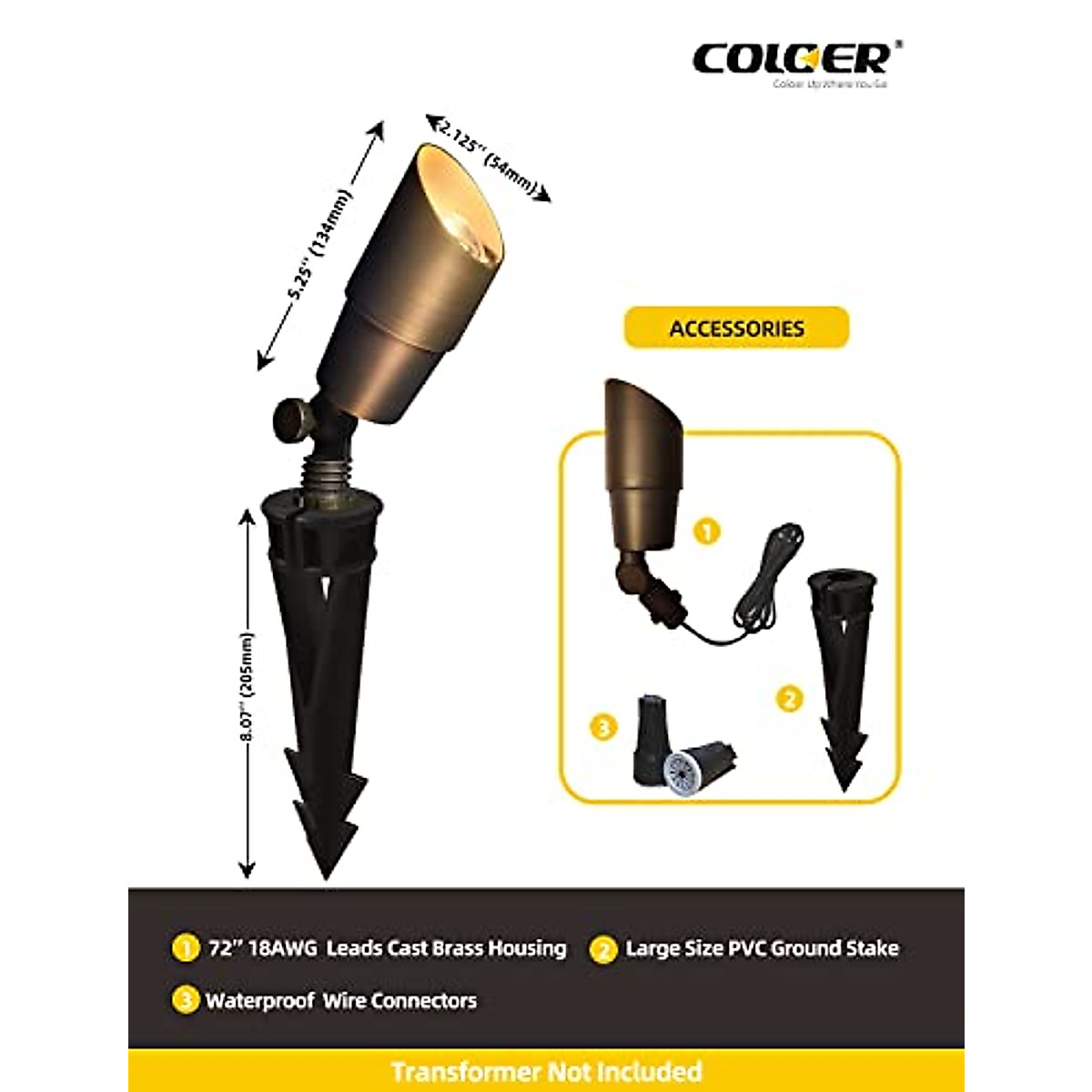 COLOER Die-cast Brass Low Voltage Spotlight, Outdoor Spot Lights for Yard,12V AC/DC LED Landscape Lighting Fixture, Directional Garden Patio Spot Up Light(Bronze, 1-Pack Without Bulb,101B)