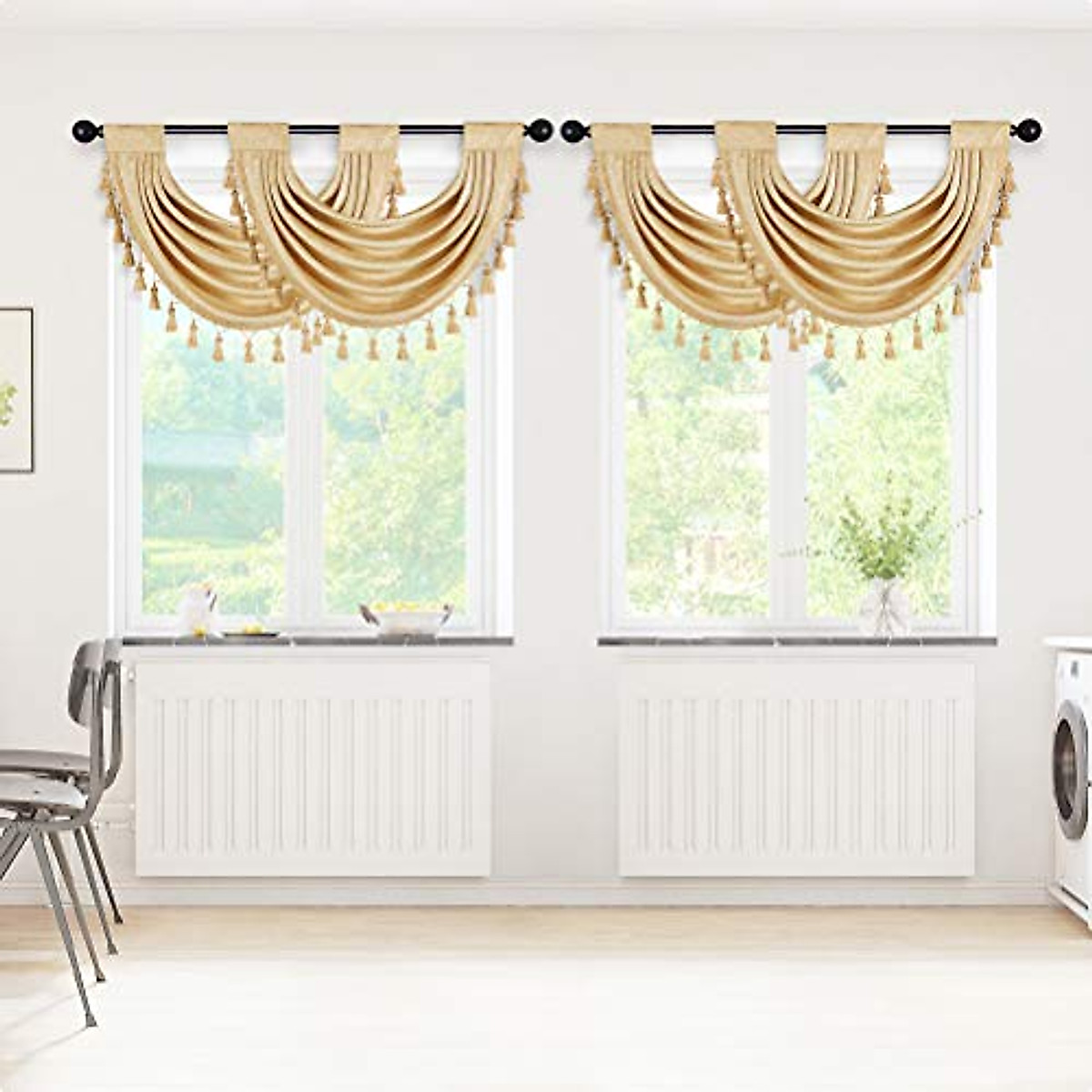 ELKCA Thick Chenille Waterfall Swag Valances for Living Room Gold Valance Window Curtains for Kitchen,Pack of 2 (Gold, 30" W x 22" L)