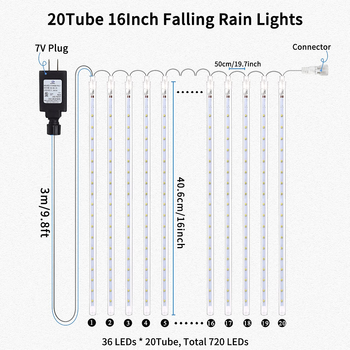 Blingstar Meteor Shower Lights 16Inch 20Tubes 720LED Christmas Outdoor Waterproof Falling Rain Extendable Cascading Icicle for Indoor Outside Xmas Halloween Tree Decor, Cool White