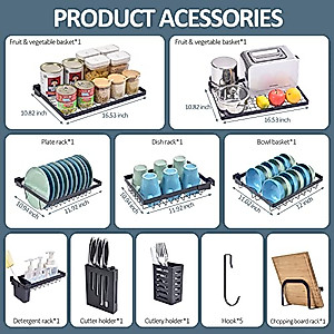 TOOLF Over The Sink Dish Dying Rack, Adjustable Length(29.4"-37.4") Height, 3 Tier Large Capacity Dish Rack, Sink Organize Stand Shelf, Kitchen Counter Supplies Storage for Plates Bowls Pots, Black