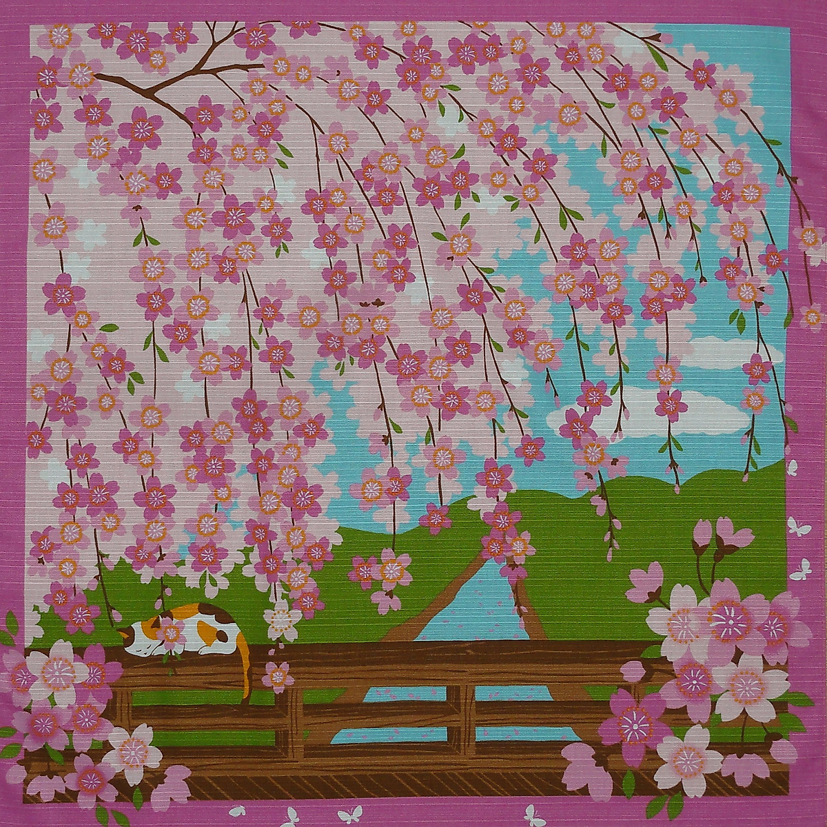 Furoshiki Cat on Bridge with Cherry Blossoms Motif Japanese Fabric 50cm