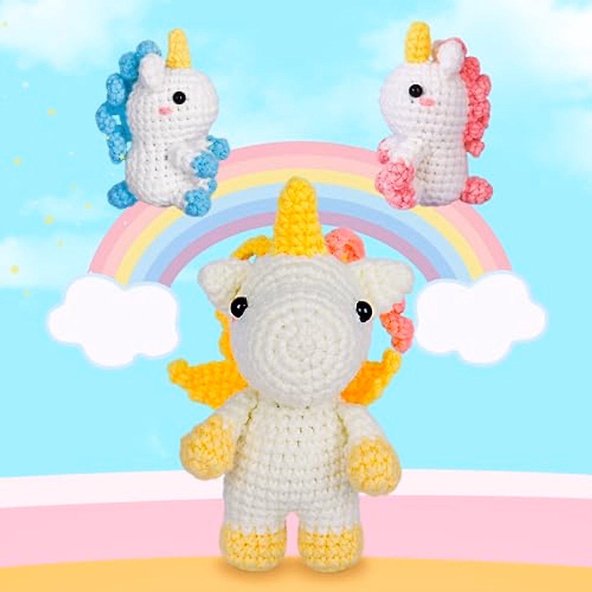 Crochetta Crochet Kit for Beginners, Amigurumi Crocheting Animals Kits w Step-by-Step Video Tutorials, Knitting Starter Pack for Adults and Kids, Jumbo 3 Unicorn Familly (40%+ Yarn Content)