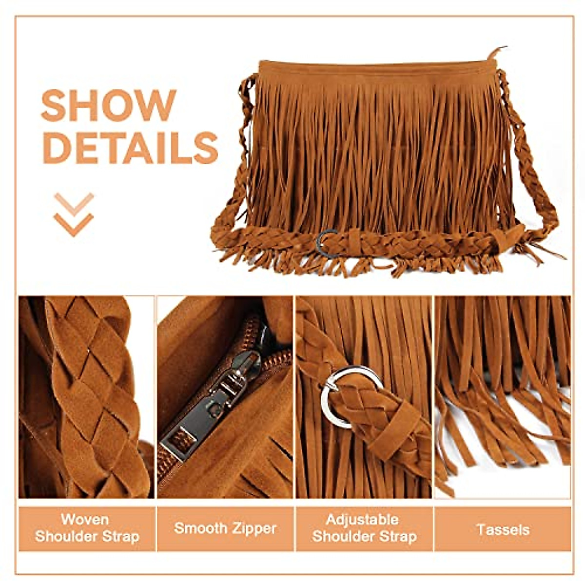 Fecialy Faux Suede Fringe Crossbody Bags for Women Western Hippie Shoulder Bag Messenger Bag Sling Bag