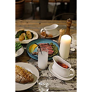 LE TAUCI 17oz Gravy Boat with Saucer Stand, Set of 2, Ceramic Sauce Boat with Tray for Salad Dressings, Creamer, Broth, Black Pepper, White