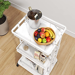 XYZLVSI 3-Tier Rolling Serving Bar Cart, Wood and Metal Kitchen Island Storage Cart with Wheels, Multifunction Utility Drink Cart Storage Rack for Home, Kitchen, Bar, Dinning Room, Living Room (White)