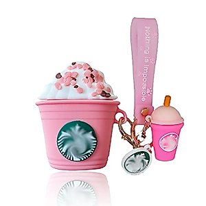 AirPods 2 & 1 Case Cover, 3D Cute Cartoon Kawaii Pink Drink Cup Keychain Design case, Charging Holster for Boys and Girls