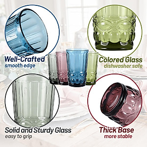 Wongblee Colored Drinking Glasses 10.8 Oz, Vintage Embossed Multicolored Glassware, Romantic Tumblers Glass for Water, Juice, Beverages, Pack of 4
