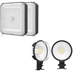 CINOTON 42W LED Barn Light Dusk to Dawn Outdoor Lighting, Black 2 Pack & 80W Outdoor LED Canopy Light 2 Pack
