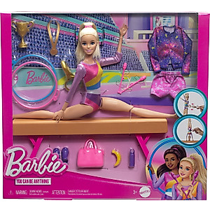 Barbie Careers Playset, Gymnastics Set with Blonde Gymnast Fashion Doll, C-Clip for Flipping Action, Balance Beam, Warm-Up Suit & Accessories