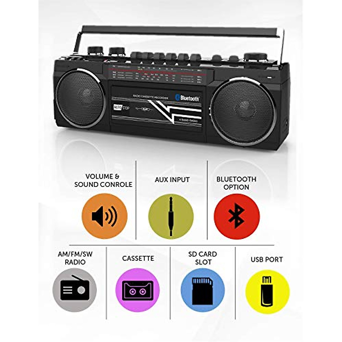 Riptunes Cassette Boombox, Retro Blueooth Boombox, Cassette Player and Recorder, AM/FM/SW-1-SW2 Radio-4-Band Radio, USB, SD, and Aux in, Black
