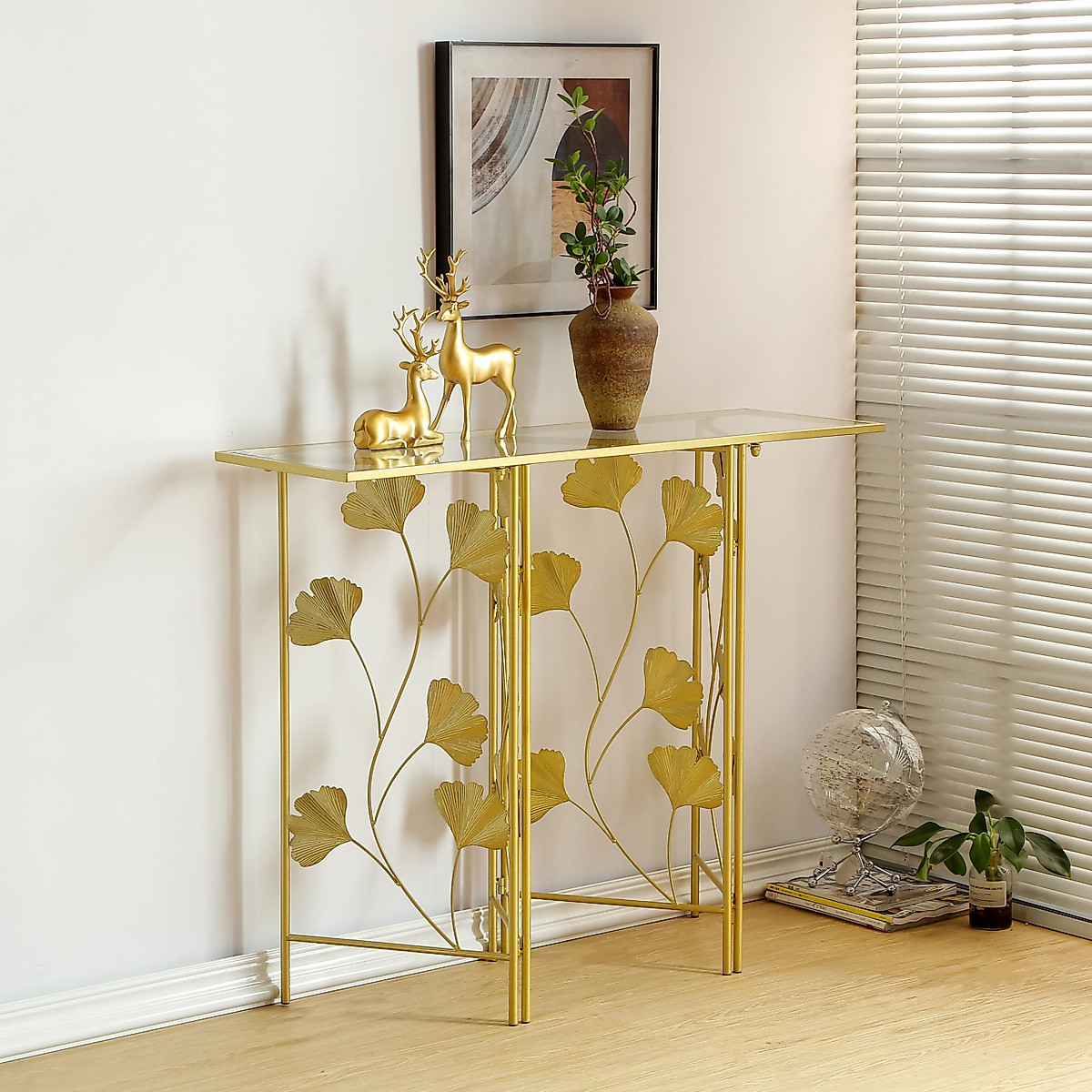 40 Inch Gold Console Table, Sofa Table, Modern Entryway Table, Tempered Glass Shelf with Ginkgo Leaves Decorative for Entryway Living Room Bedroom