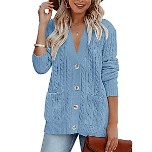 MEROKEETY Women's 2025 Casual Long Sleeve Open Front Cardigan Sweater Solid Color Button V Neck with Pockets,Blue,M